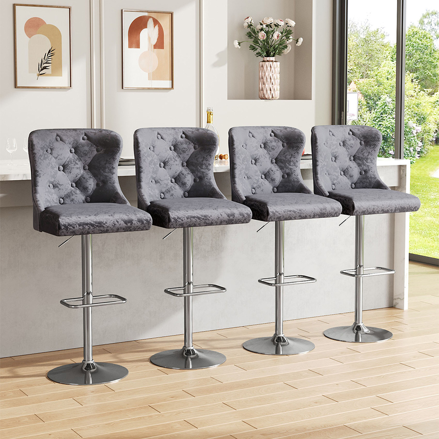 Set of 2 Velvet Adjustable Bar Stools with Button Back