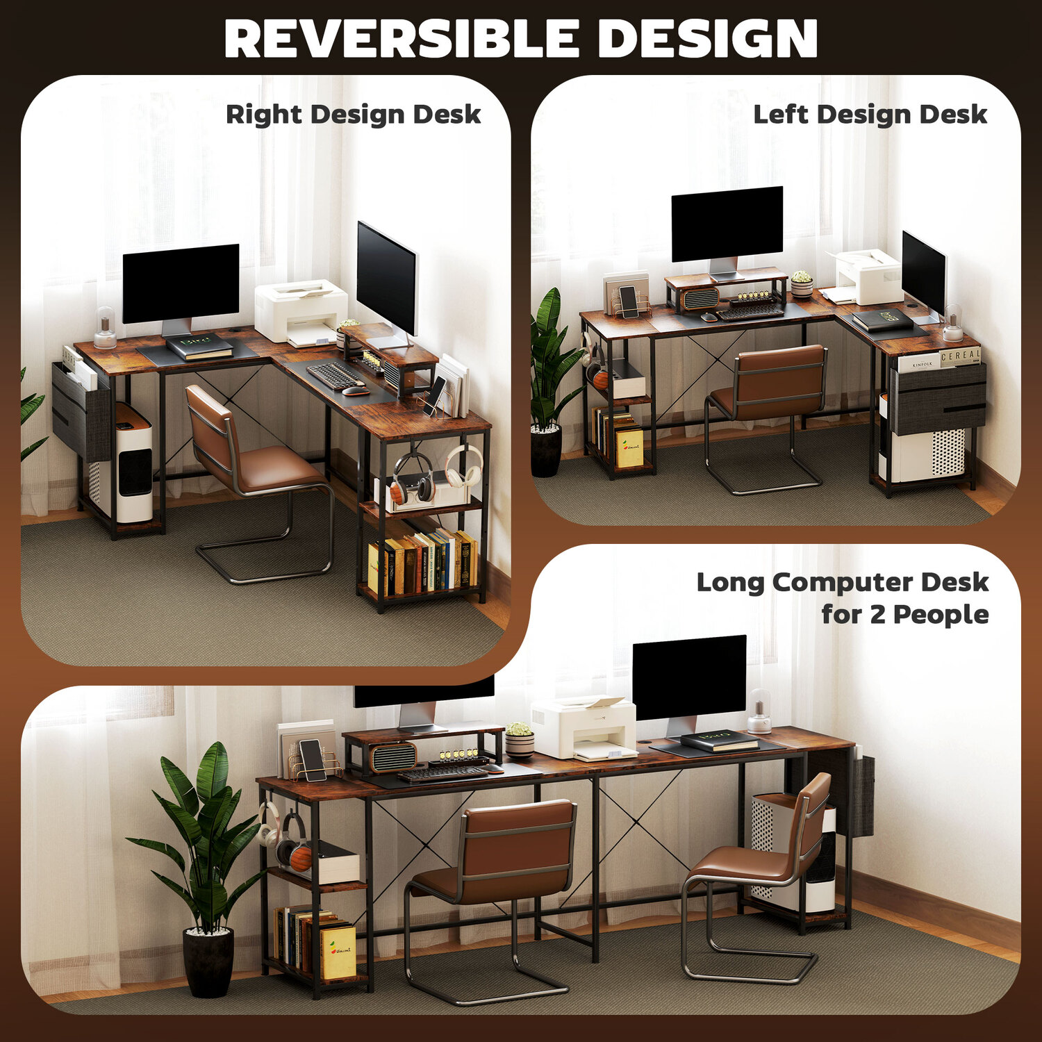 HOMCOM Reversible L Shaped Desk with Adjustable Shelf and Storage Bag
