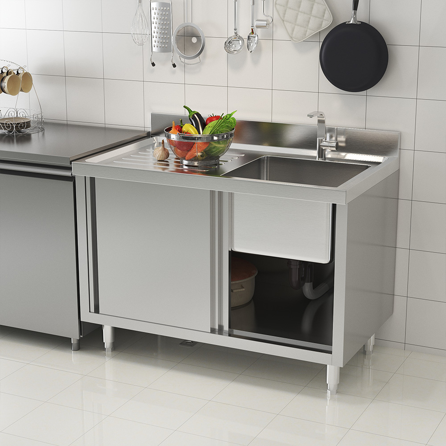 Freestanding Kitchen Sink Cabinet with Splashback and Sliding Doors
