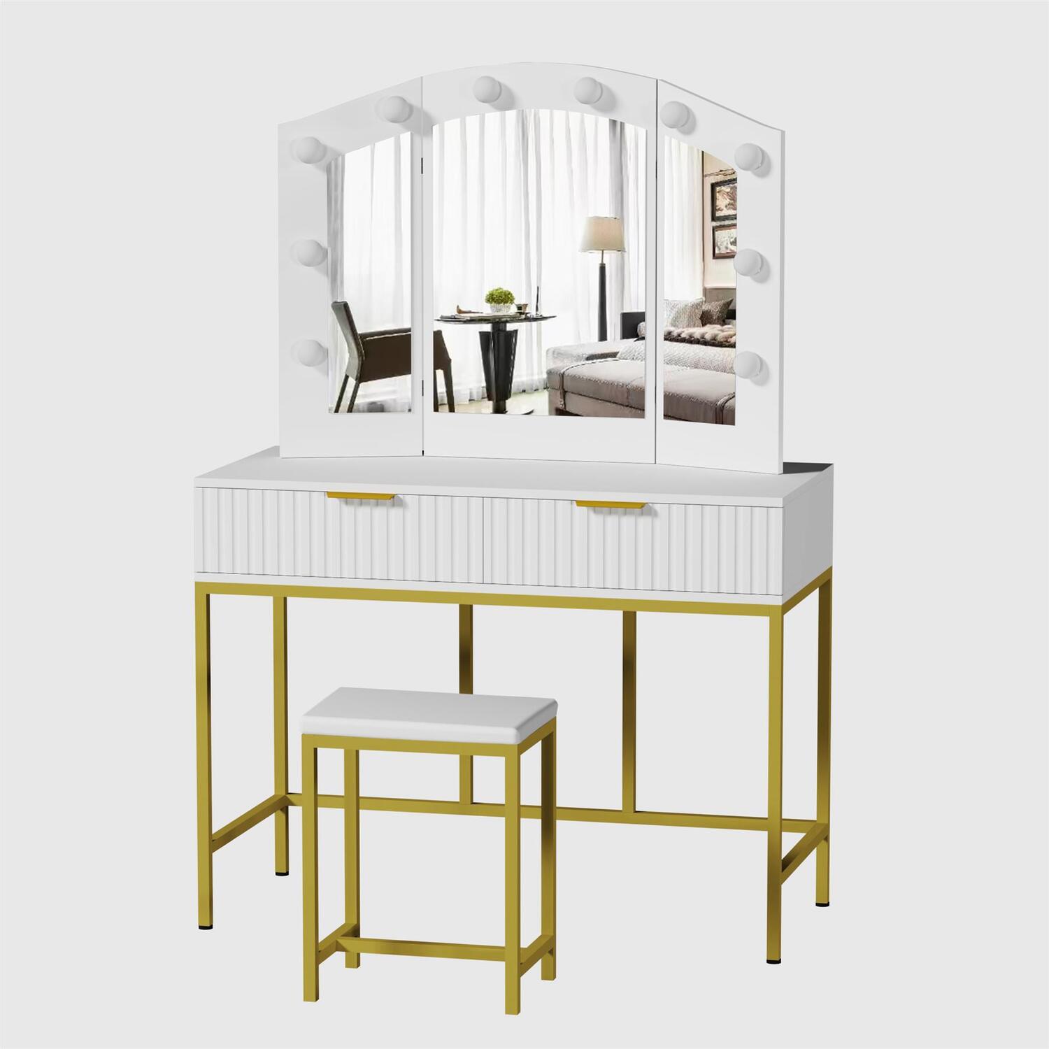 White and Gold Style Dressing Table Set with Mirror