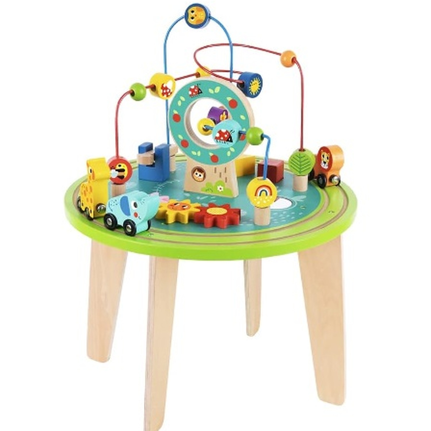 Wooden Activity Table Animal Theme Bead Maze Shape Sorter Rail Track