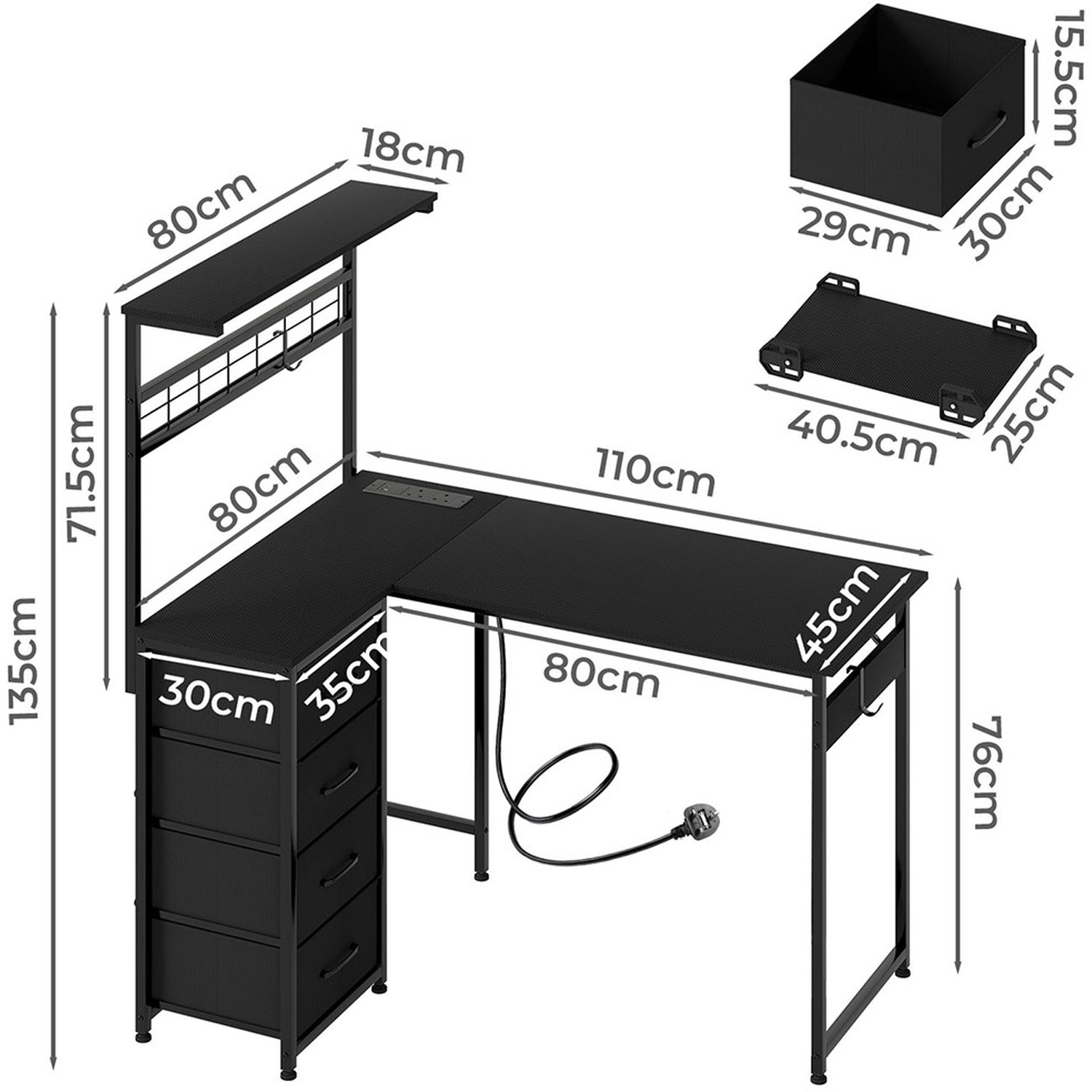 L-Shaped Gaming Desk High Shelf with RGB Lights and Power Outlets