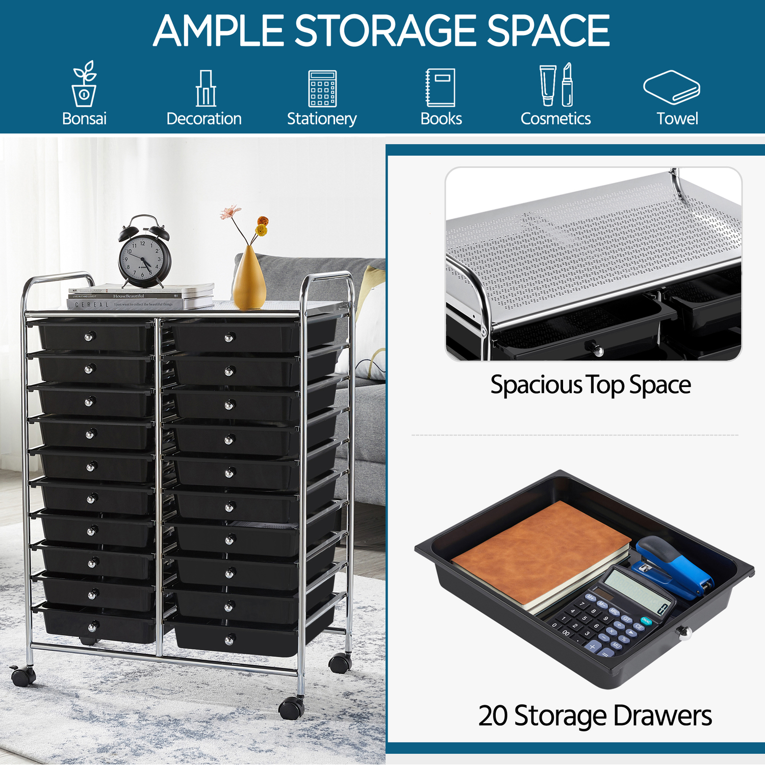 20 Drawer Rolling Storage Trolley Cart