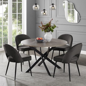 Dijon Round Concrete Effect Dining Table With Grey Velvet Chairs