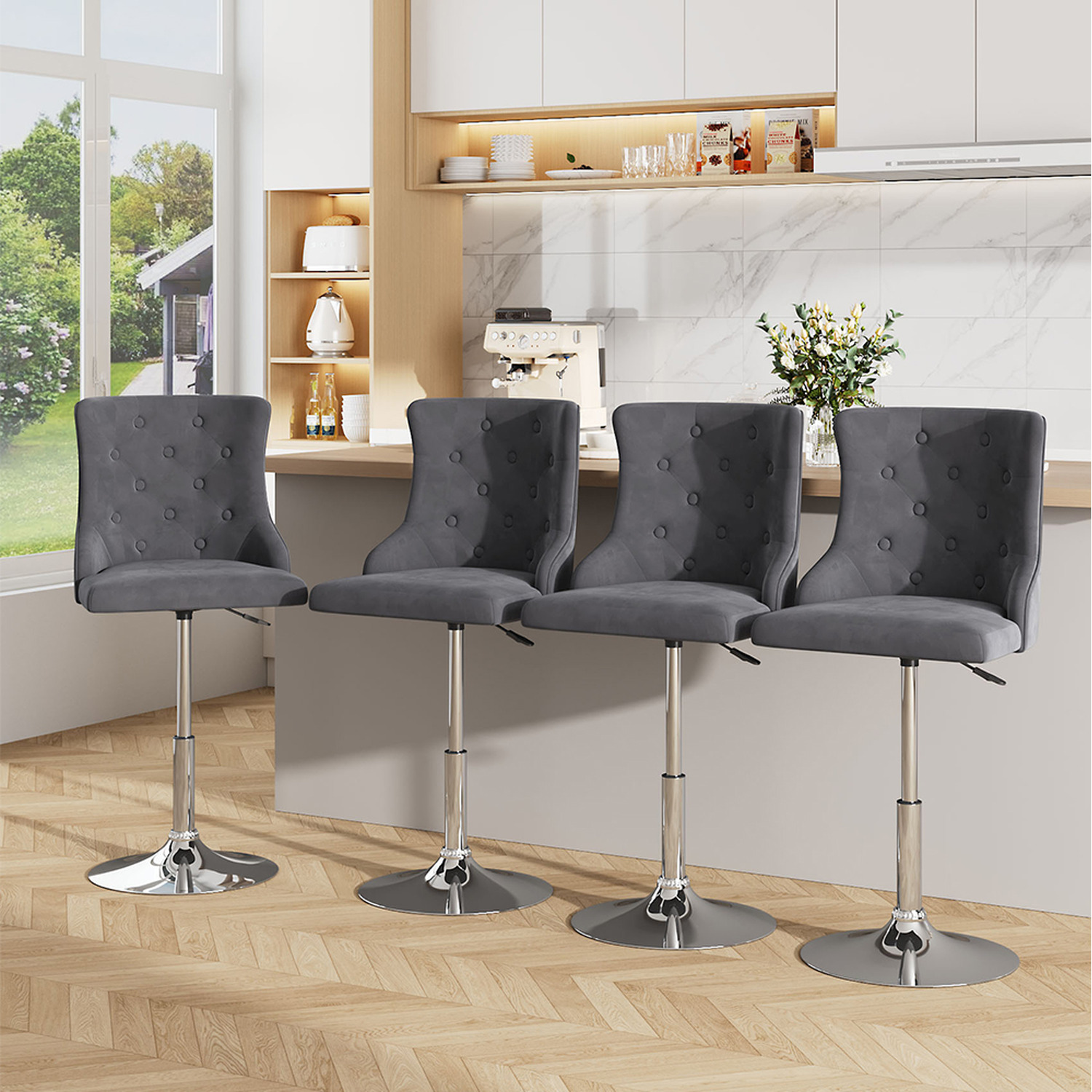 Adjustable Upholstered Bar Stool with Metal Base
