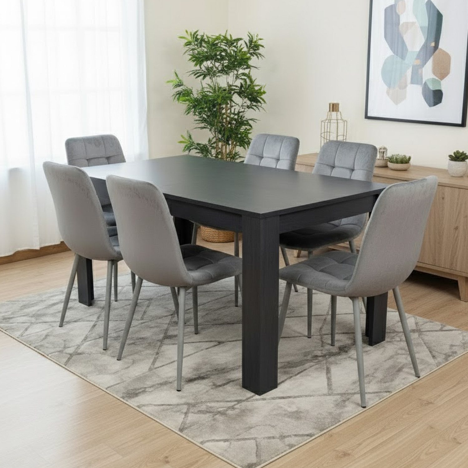 Arrow Charcoal Dining Table Set With 6 Grey Velvet Dining Chairs