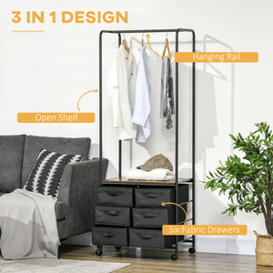 Hanging Clothes Rail Wardrobe Organiser with 6 Drawers