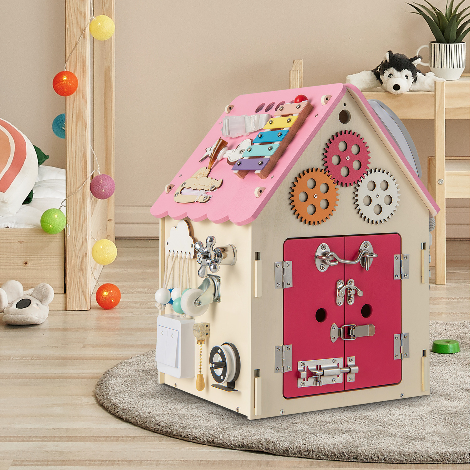 Wooden Busy House Toy-Pink