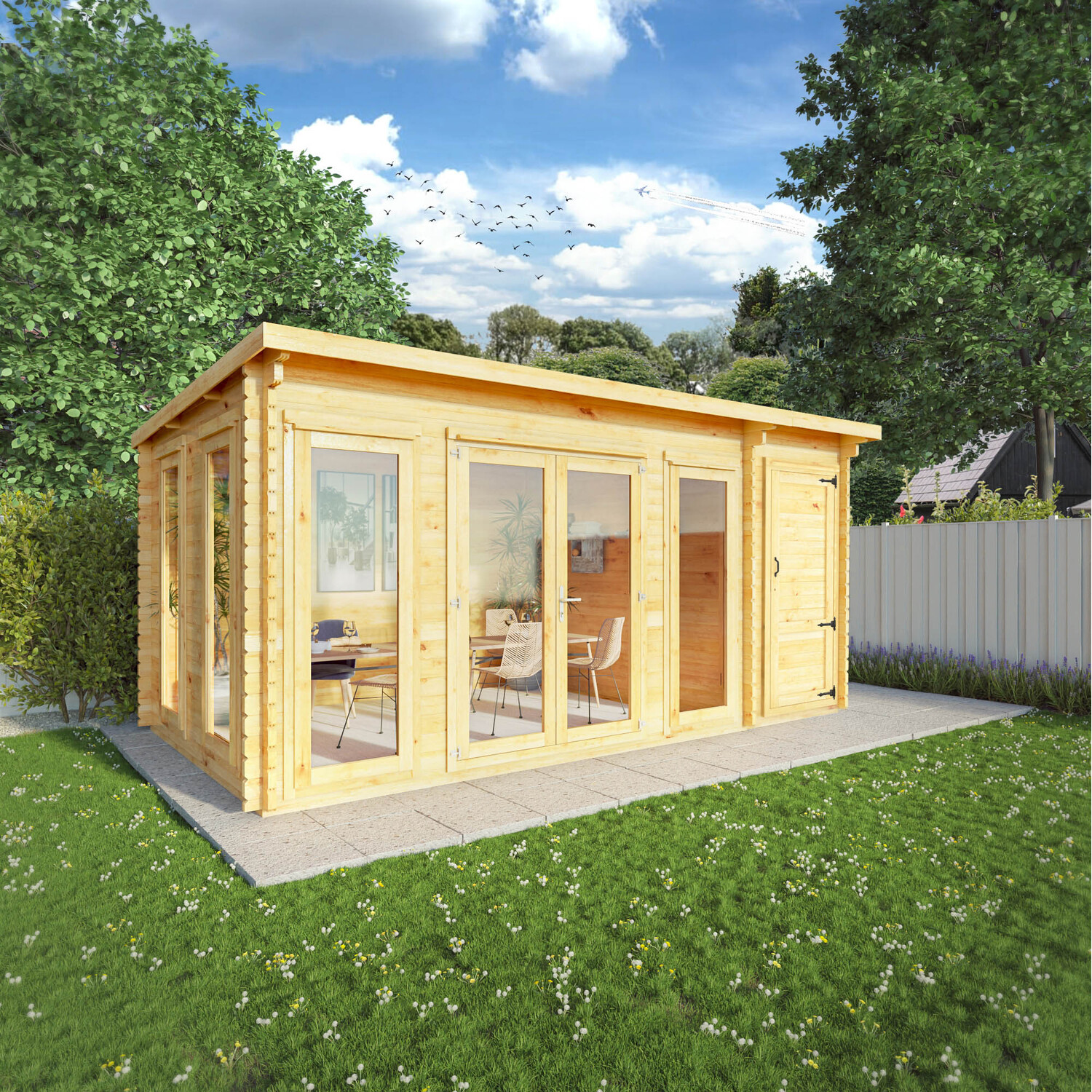 5.1m x 3m Wooden Log Cabin Studio with Side Shed Pent Roof - 28mm Thickness