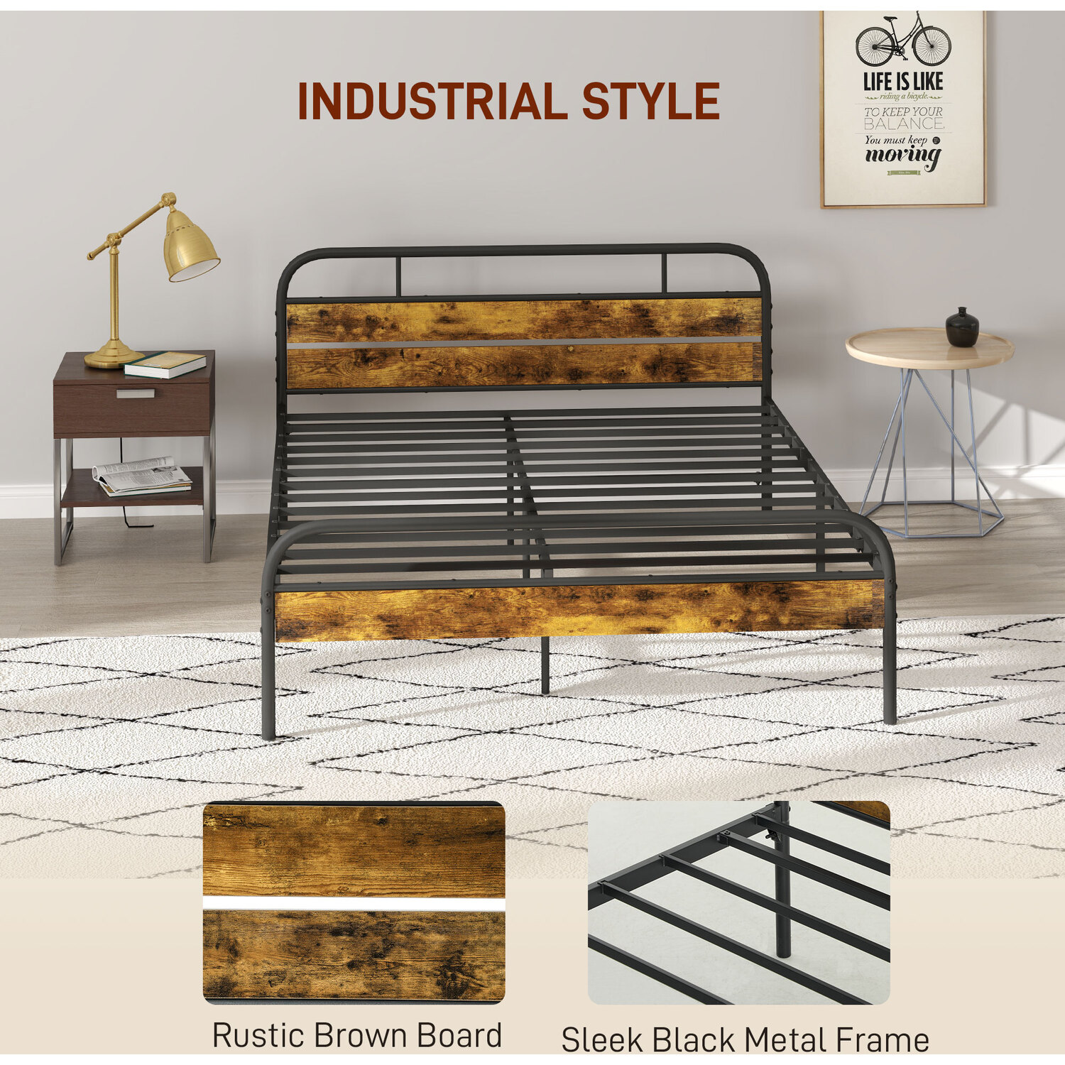 5FT Industrial Metal and Wood Bed Frame with Headboard