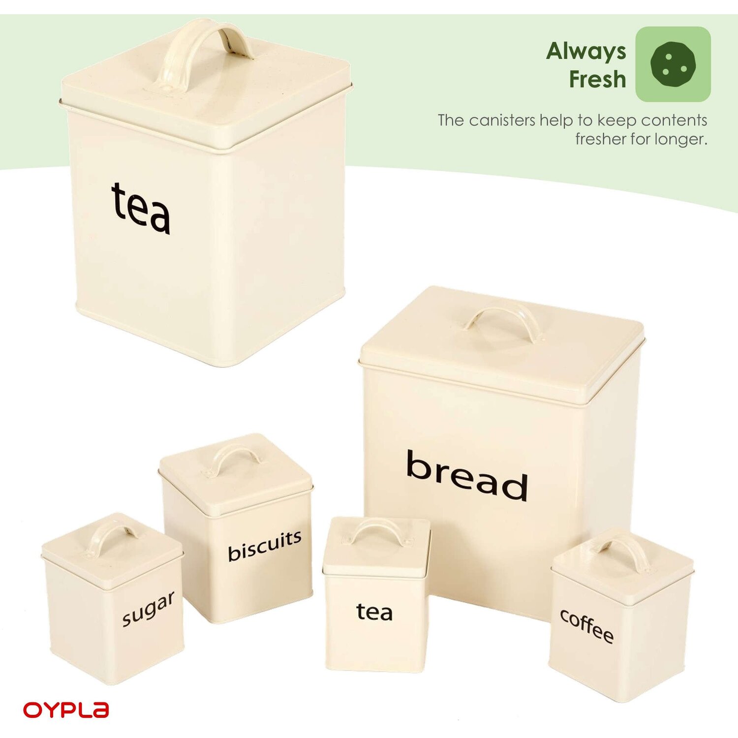 5 Piece Cream Kitchen Canister Storage Tin Set