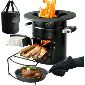 Rocket Stove Including Cast Iron Grill Pan with Carry Bag Gloves