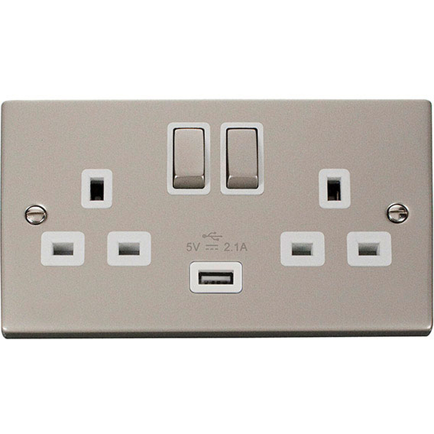 Pearl Nickel 2 Gang 13A DP Ingot 1 USB Twin Double Switched Plug Socket