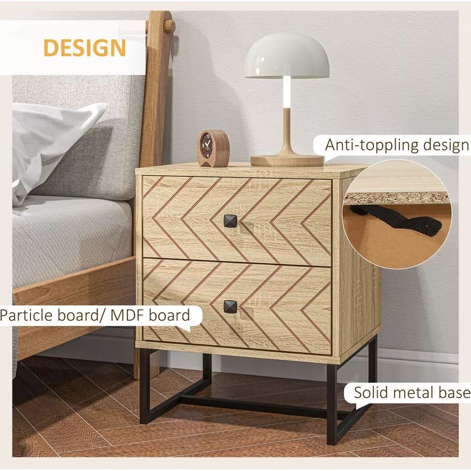 Zig Zag Chevron Bedside Table With Drawers