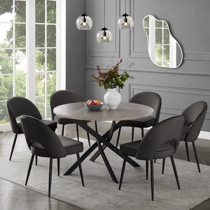 Dijon Round Concrete Effect Dining Table With Grey Velvet Chairs