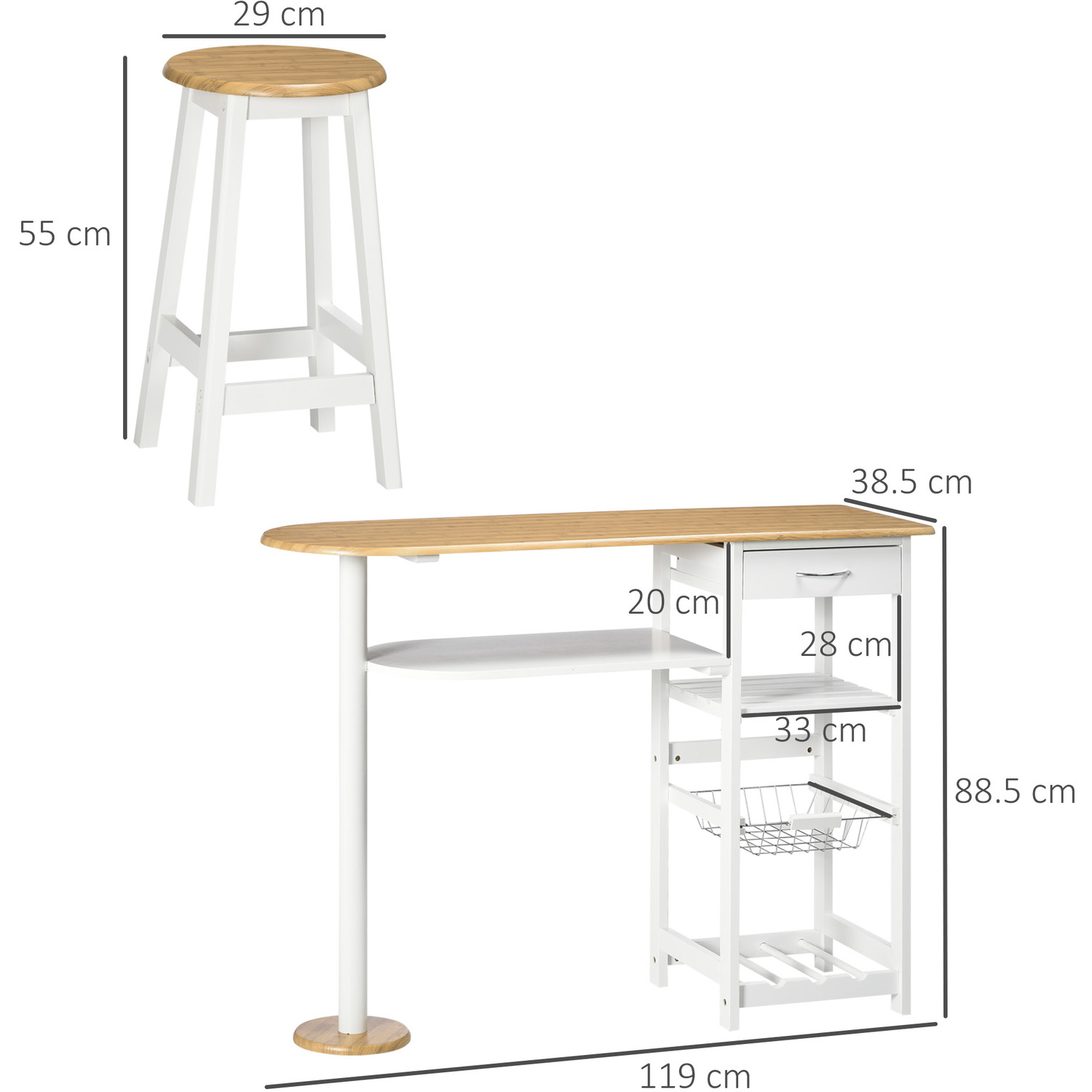 HOMCOM 3 Piece Bar Table Set with Storage Shelf, Drawer, Wire Basket