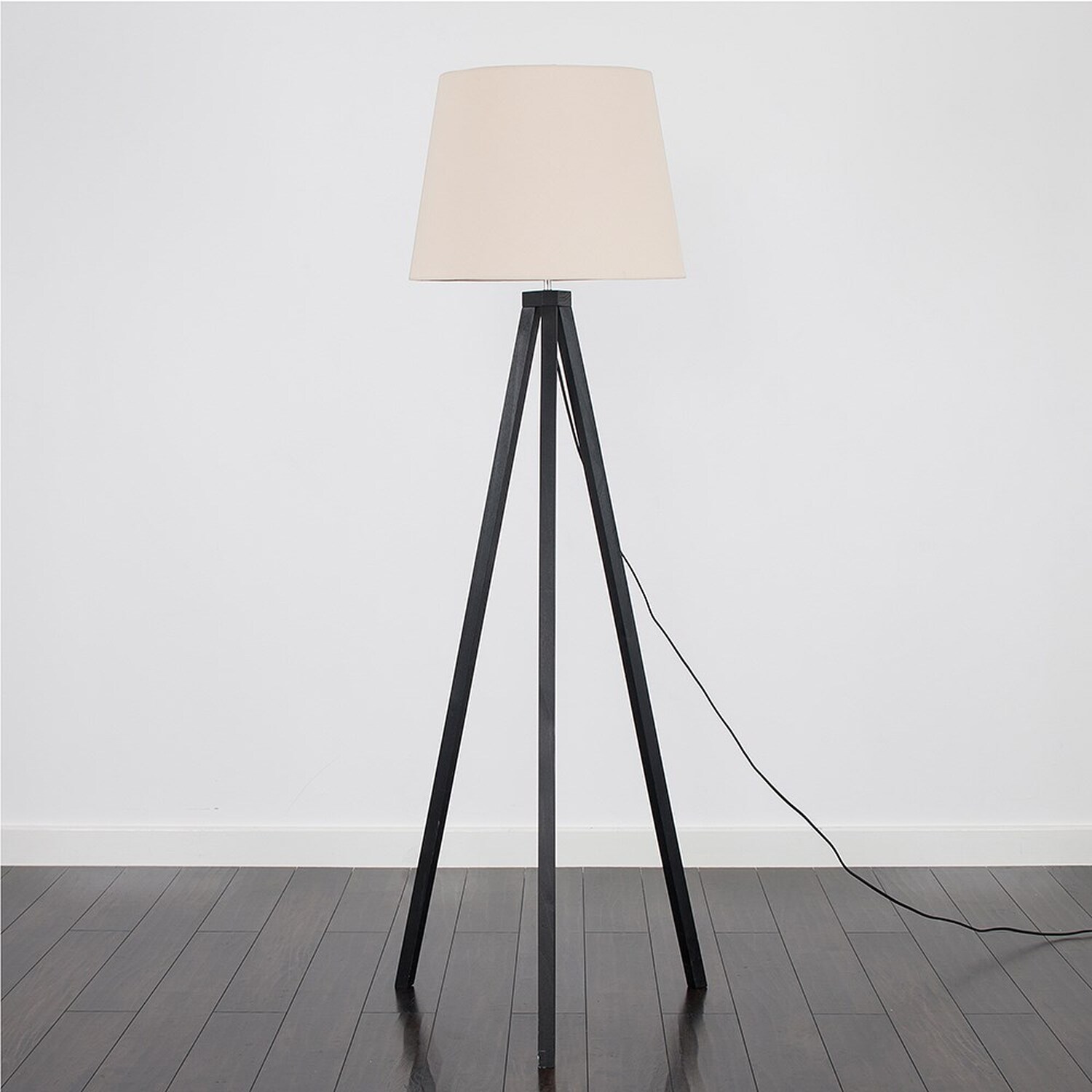 Modern Black Wood Tripod Floor Lamp With Beige Shade