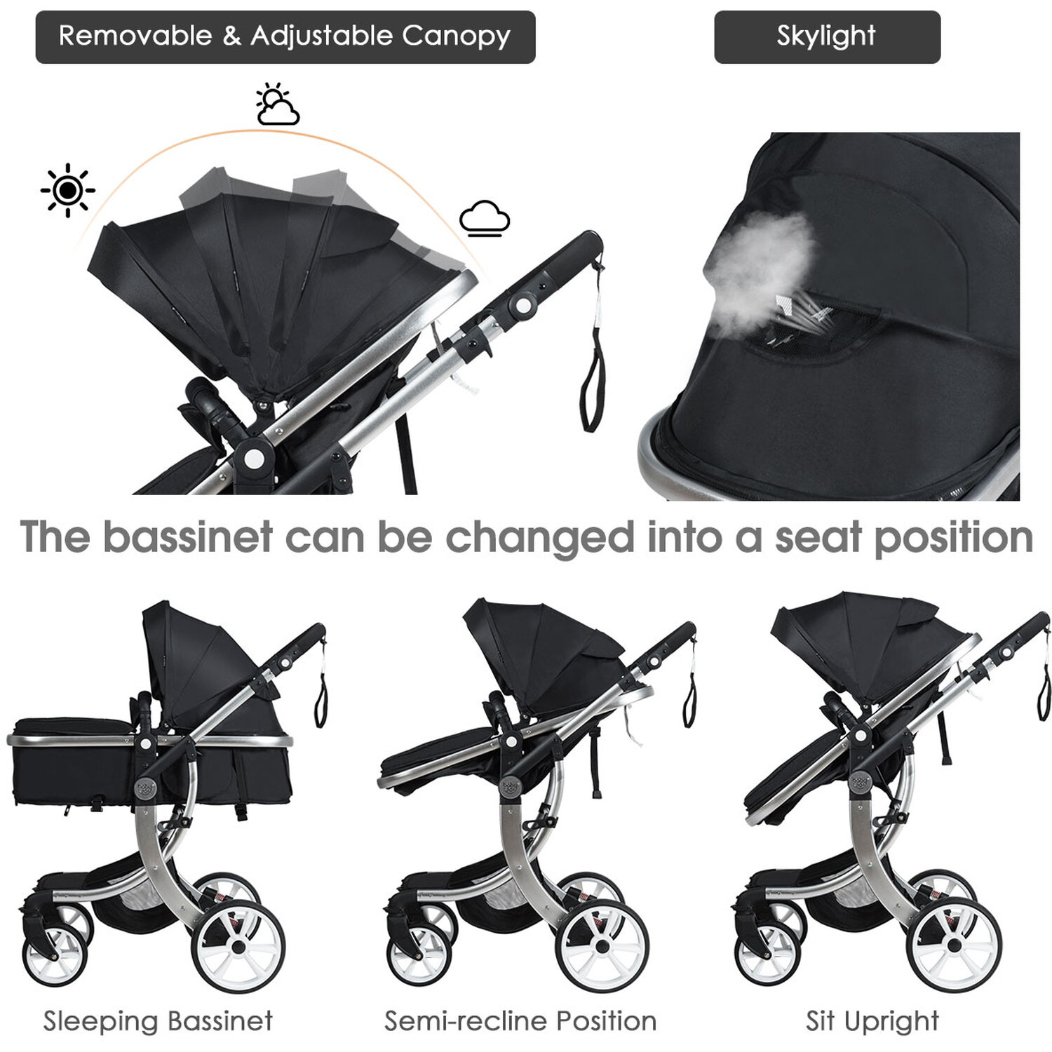 2-in-1 Baby Stroller Pushchair Reversible Bassinet Pram
