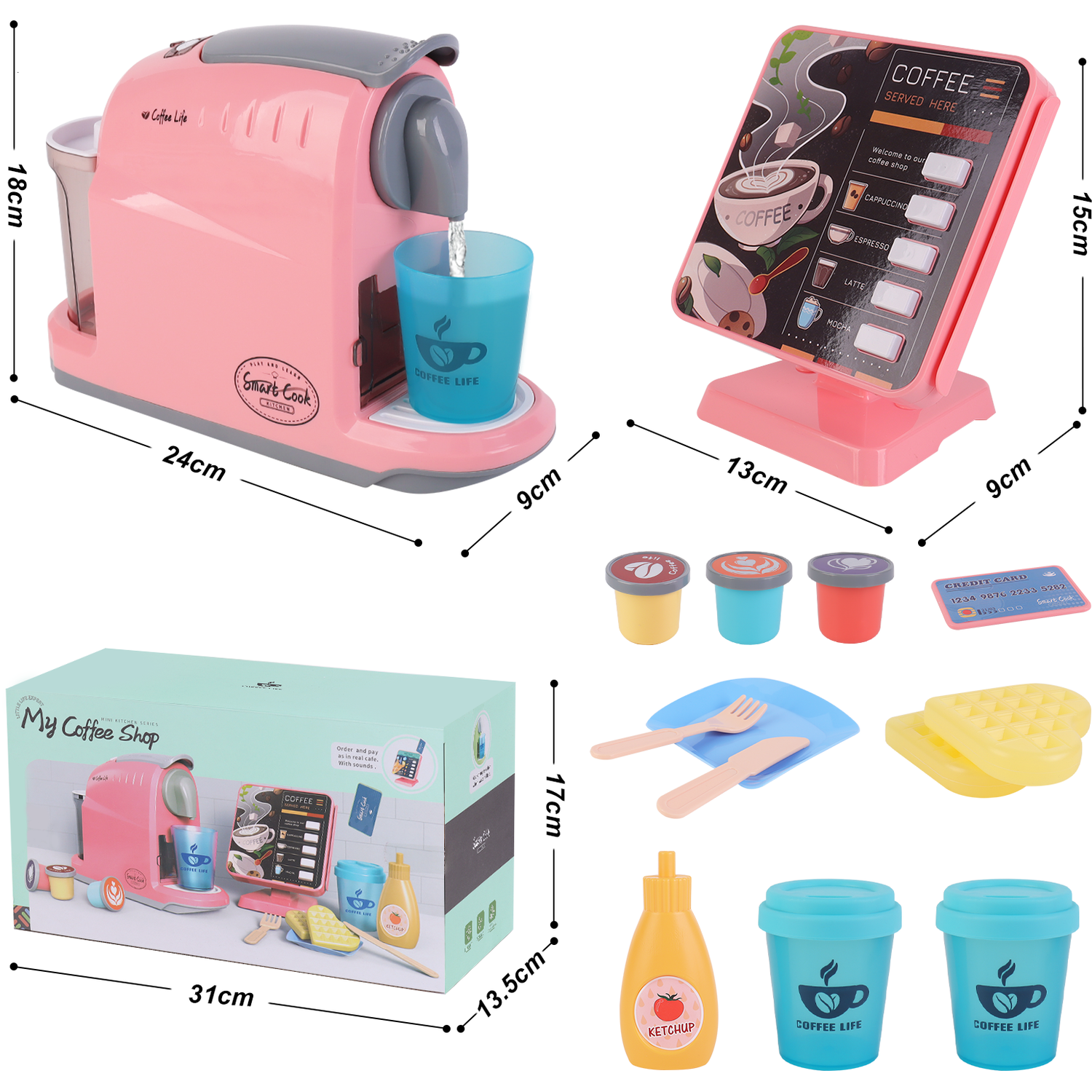 Coffee Shop Set with Coffee Maker Toy Menus Cash Register Toy
