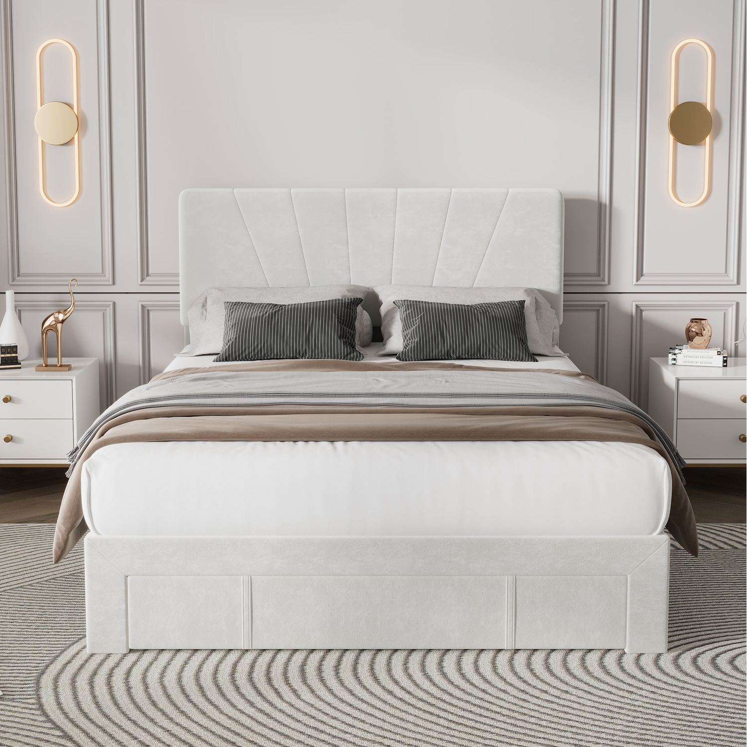 Velvet Upholstered Bed Frame with Large Drawer