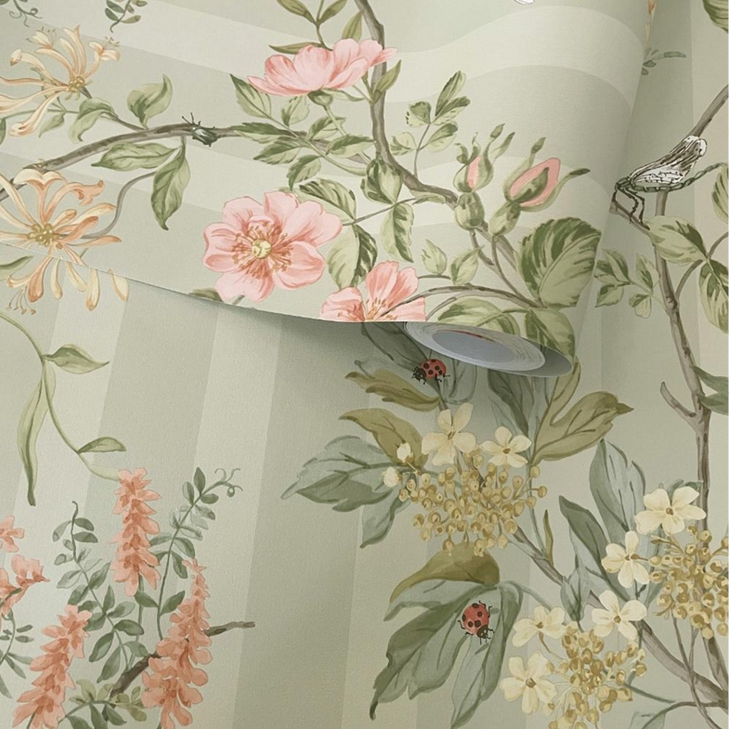 Hampton Gardens Stripe Floral Leaves Damselfly Wallpaper