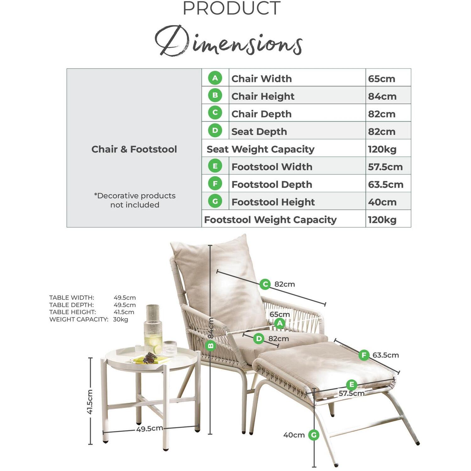 Lyon Outdoor Chair, Footstool and Table Set - Metal and Rattan