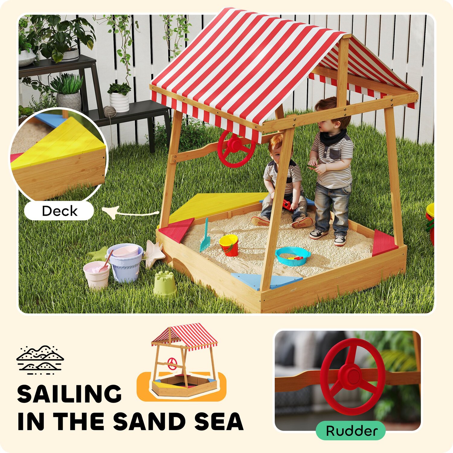AIYAPLAY Kids Sandpit Boat Style with Canopy Seats Rudder Bottom Liner
