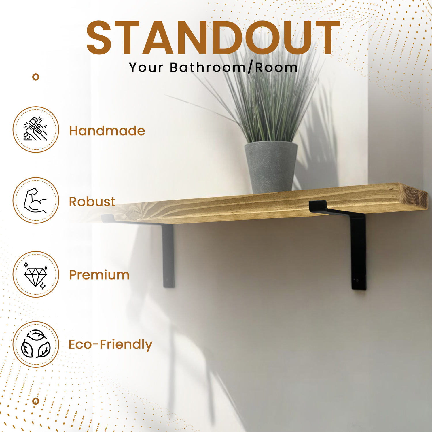 Rustic Wooden Shelf Dark Oak Handcrafted Shelf with Inverted Brackets