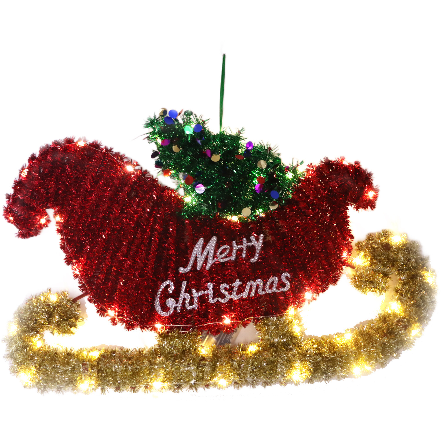 Christmas Tinsel Sleigh Hanging Decoration with LED