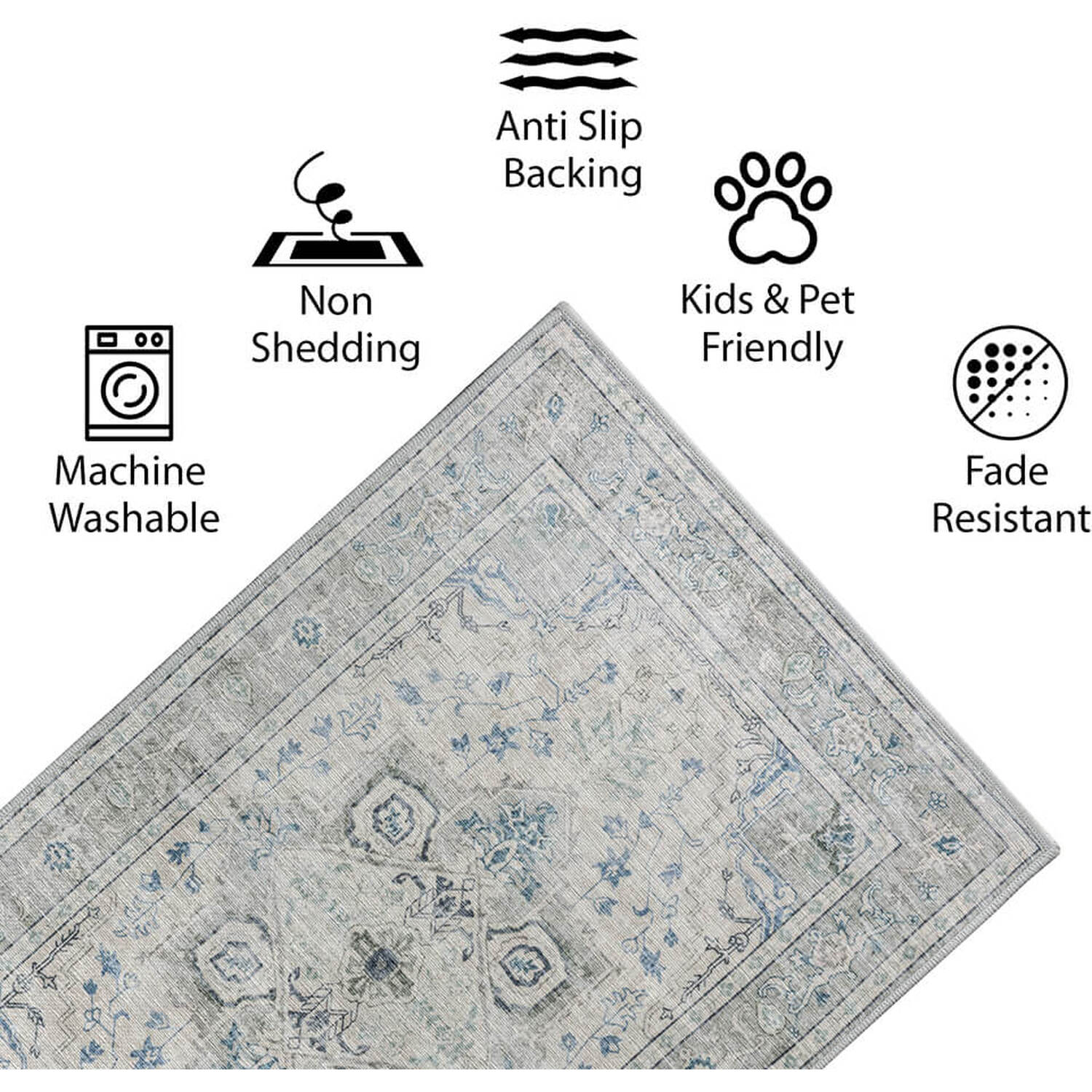 Vernal Peoria Grey, Blue and Cream Machine Washable Rug