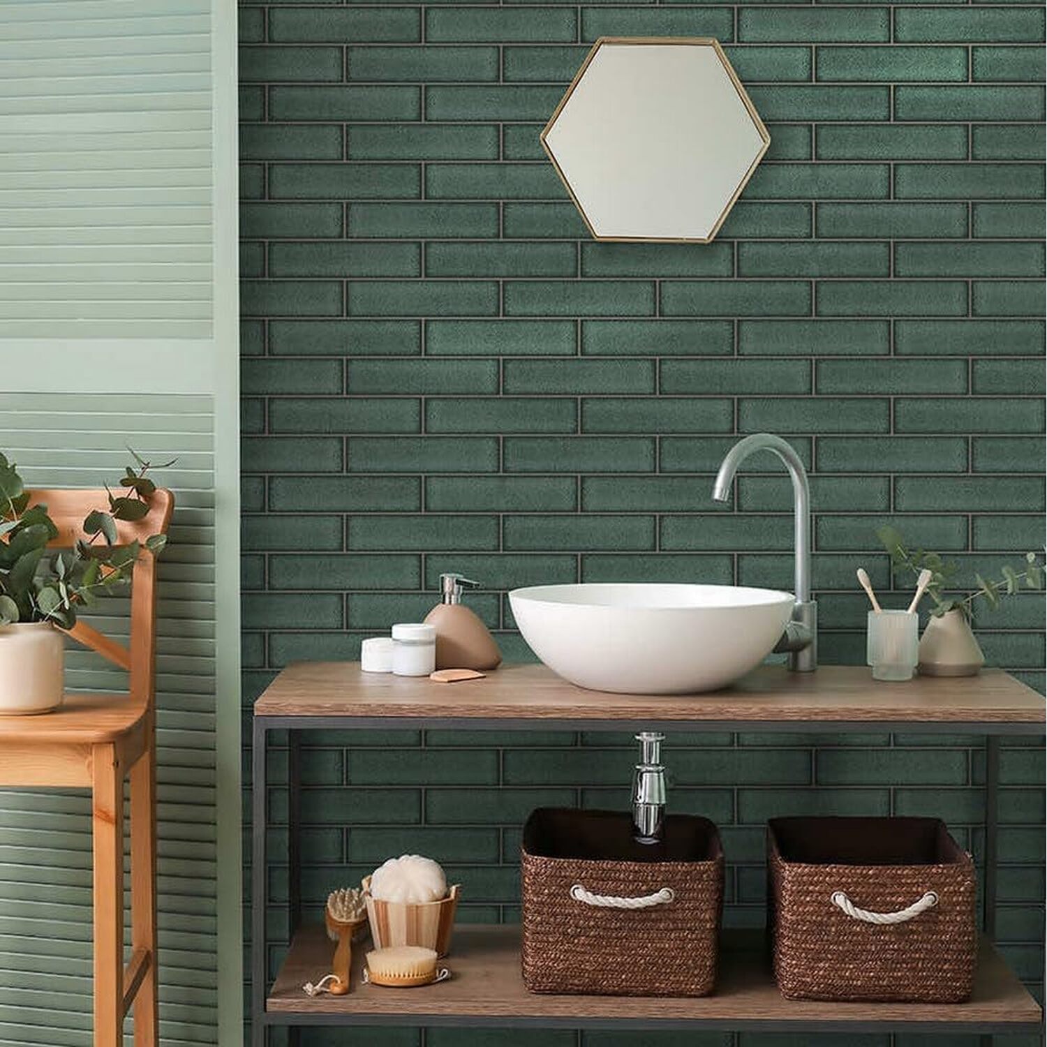 Celadon Gloss Tiles Brick Tiling On a Roll Wallpaper