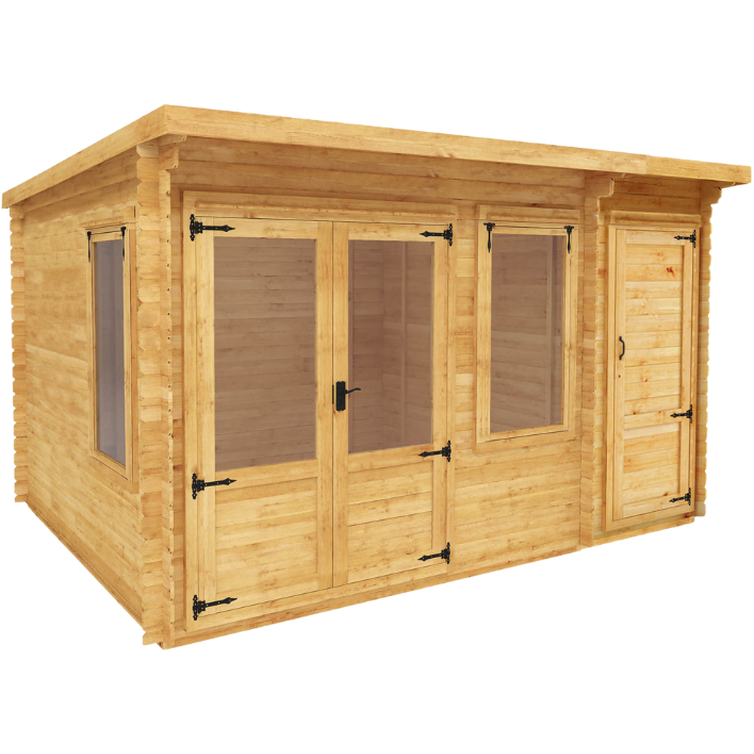 4.1m x 3m Wooden Log Cabin with Side Shed Pent Roof - 19mm Thickness