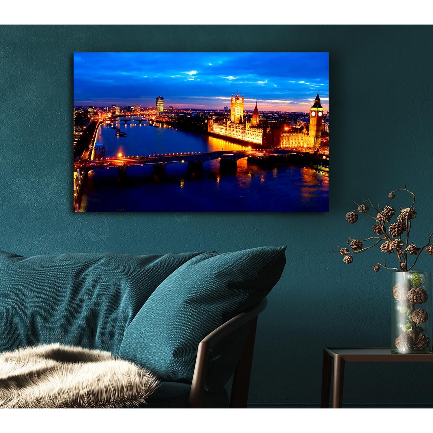 London Ariel View Night Blues Canvas Print Wall Art