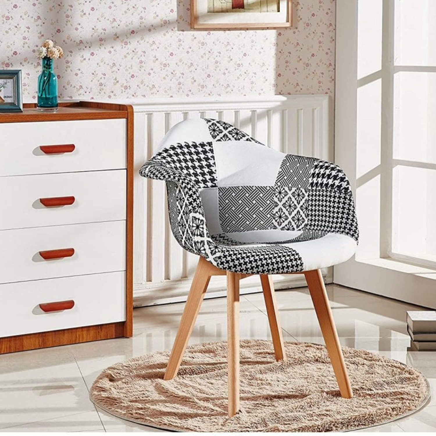 Set of 4 Chrono Patchwork Tub Fabric Dining Chair with Arms for Dining Room