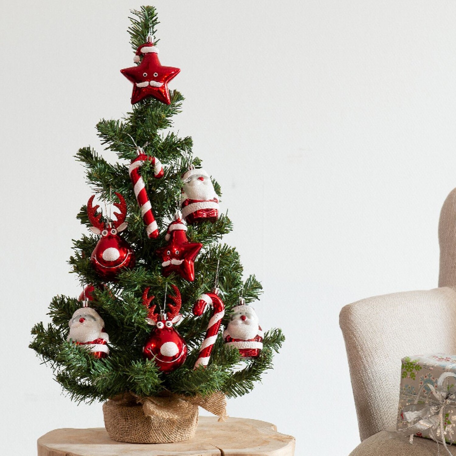 60cm Table Top Christmas Tree With Hessian Base and 10 Red Ornaments