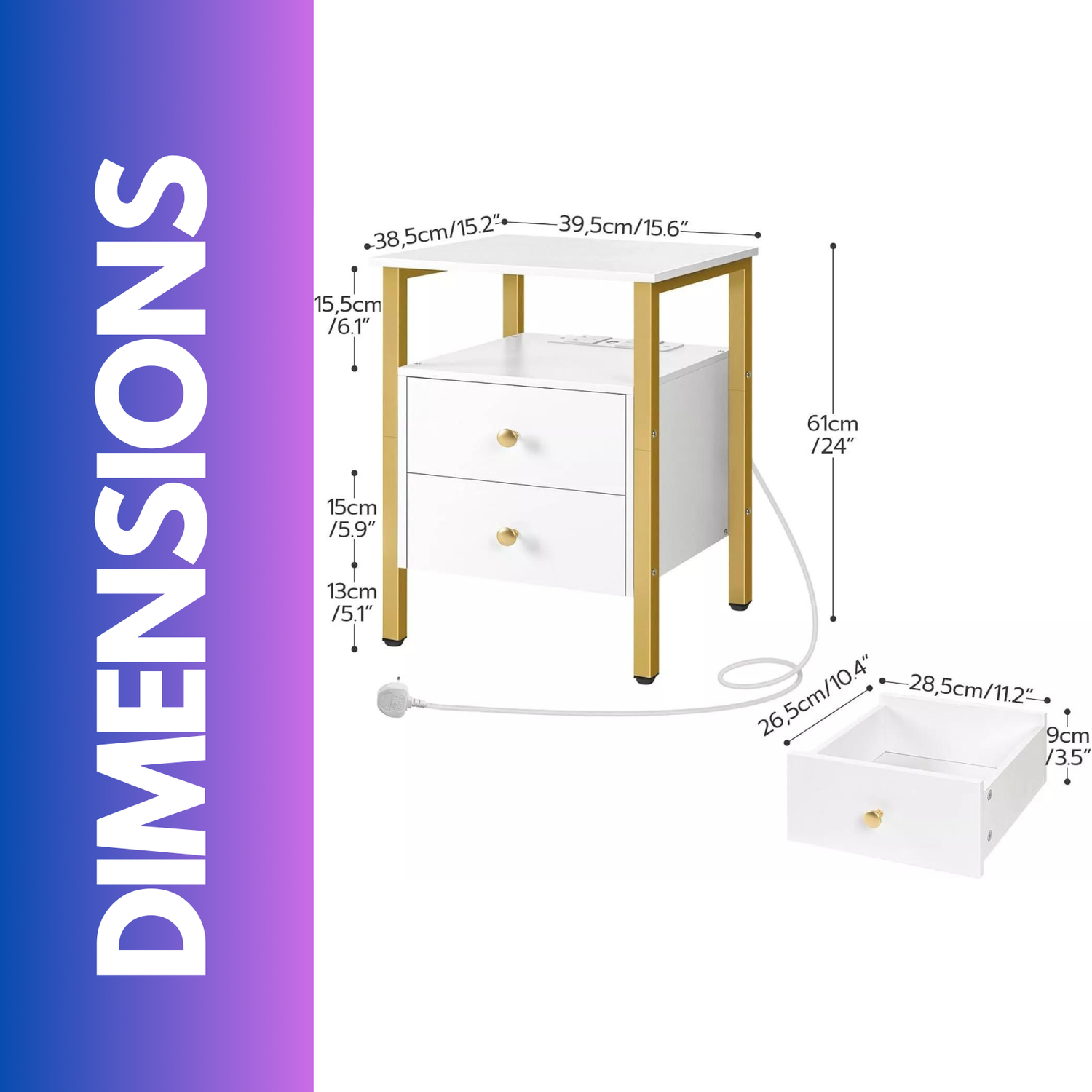 2 Drawer Smart Bedside Table With Power