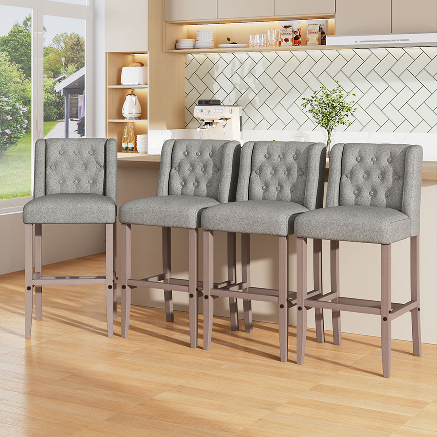 Set of 2 Modern Linen Tufted Bar Stool with Wood Legs