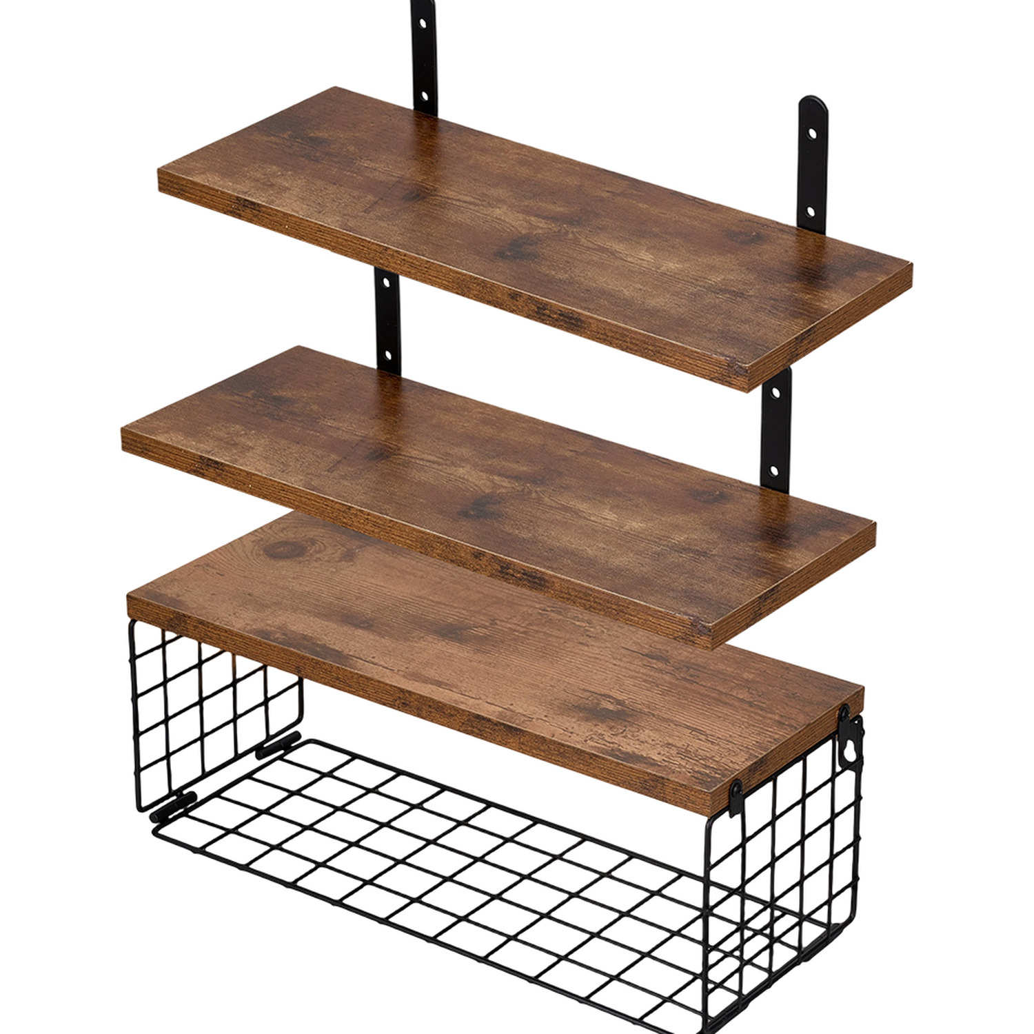 4-Tier Wall-Mounted Floating Shelves with Wire Basket