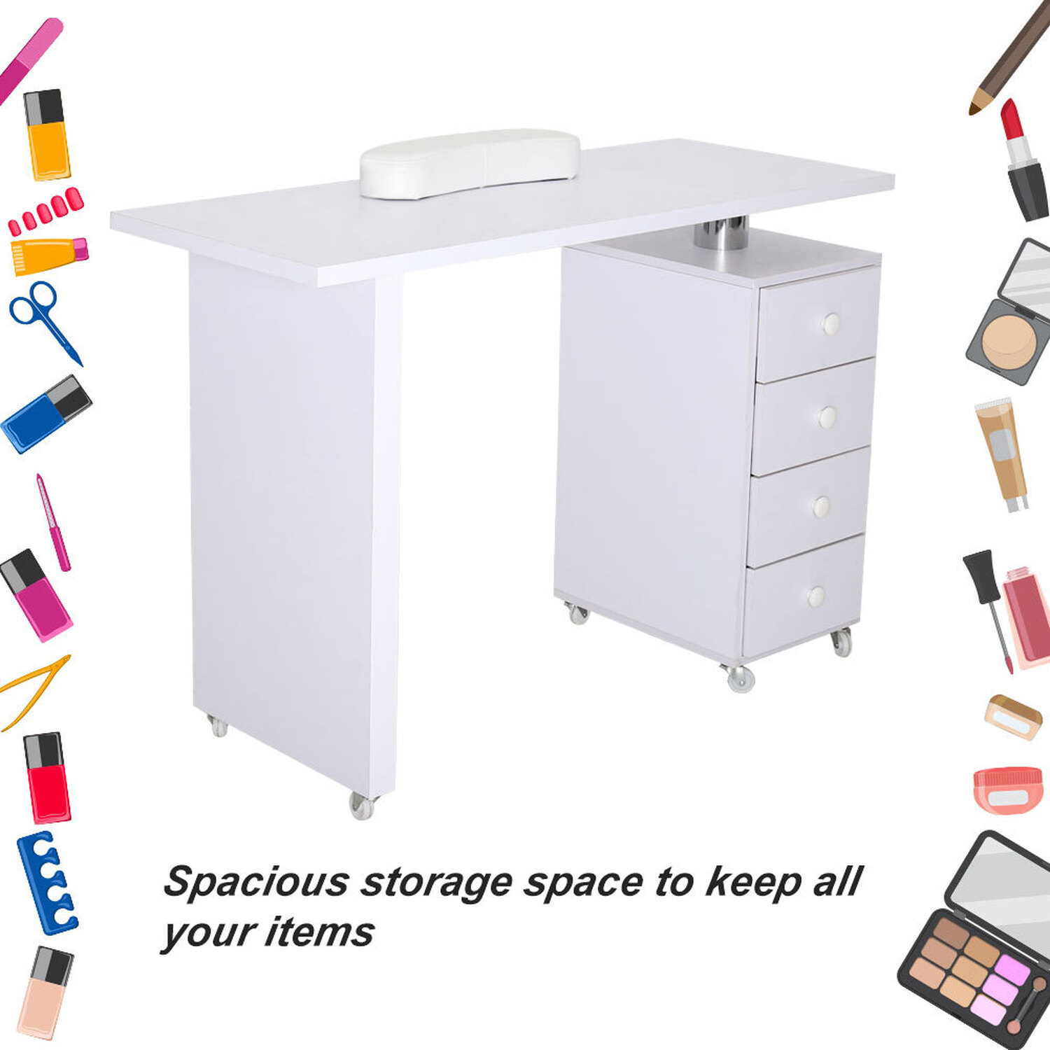 Manicure Nail Table Salon Desk Wheeled Professional