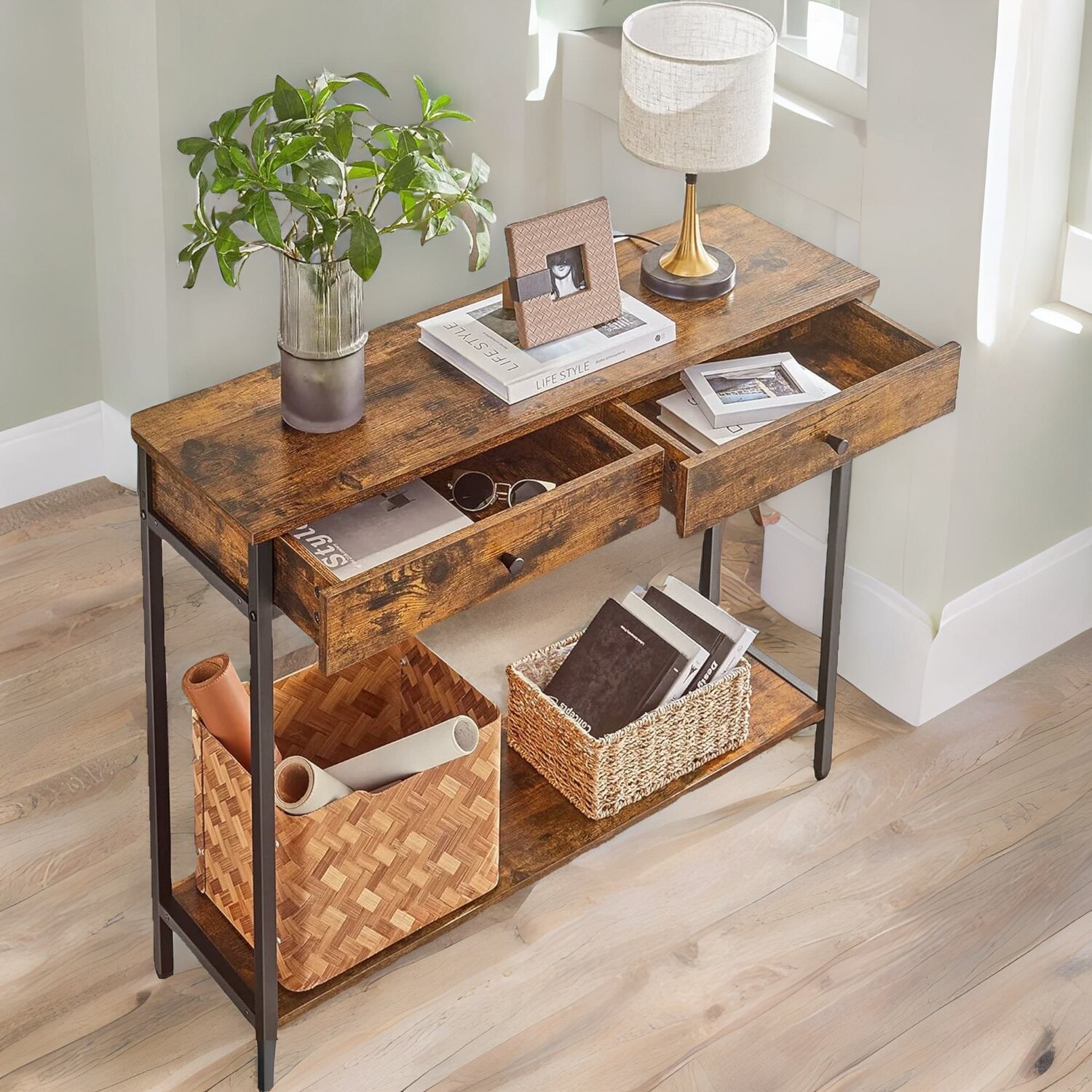 2 Tier Slim Console Table With 2 Drawers Industrial Furniture