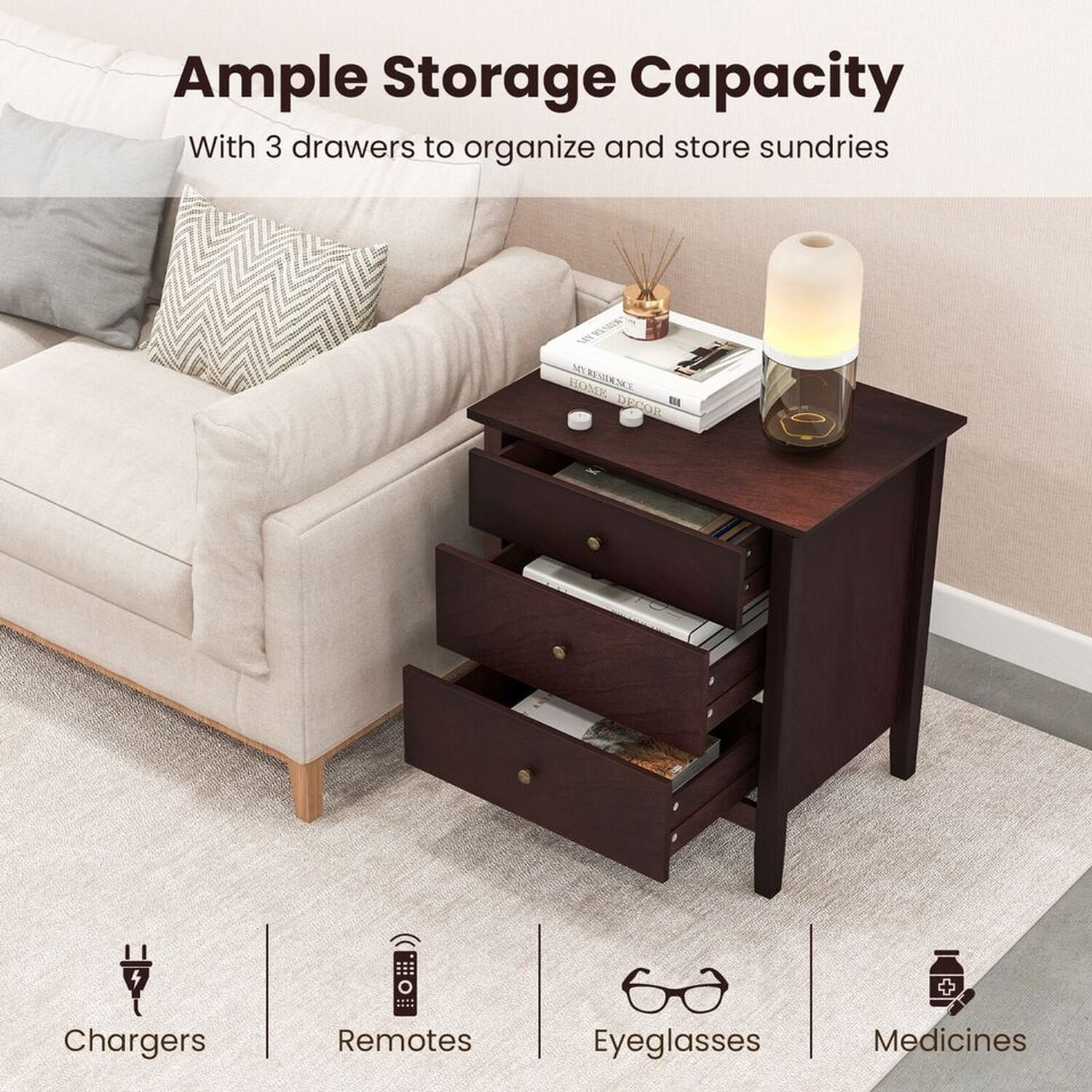 3-Drawer Bedroom Side Table