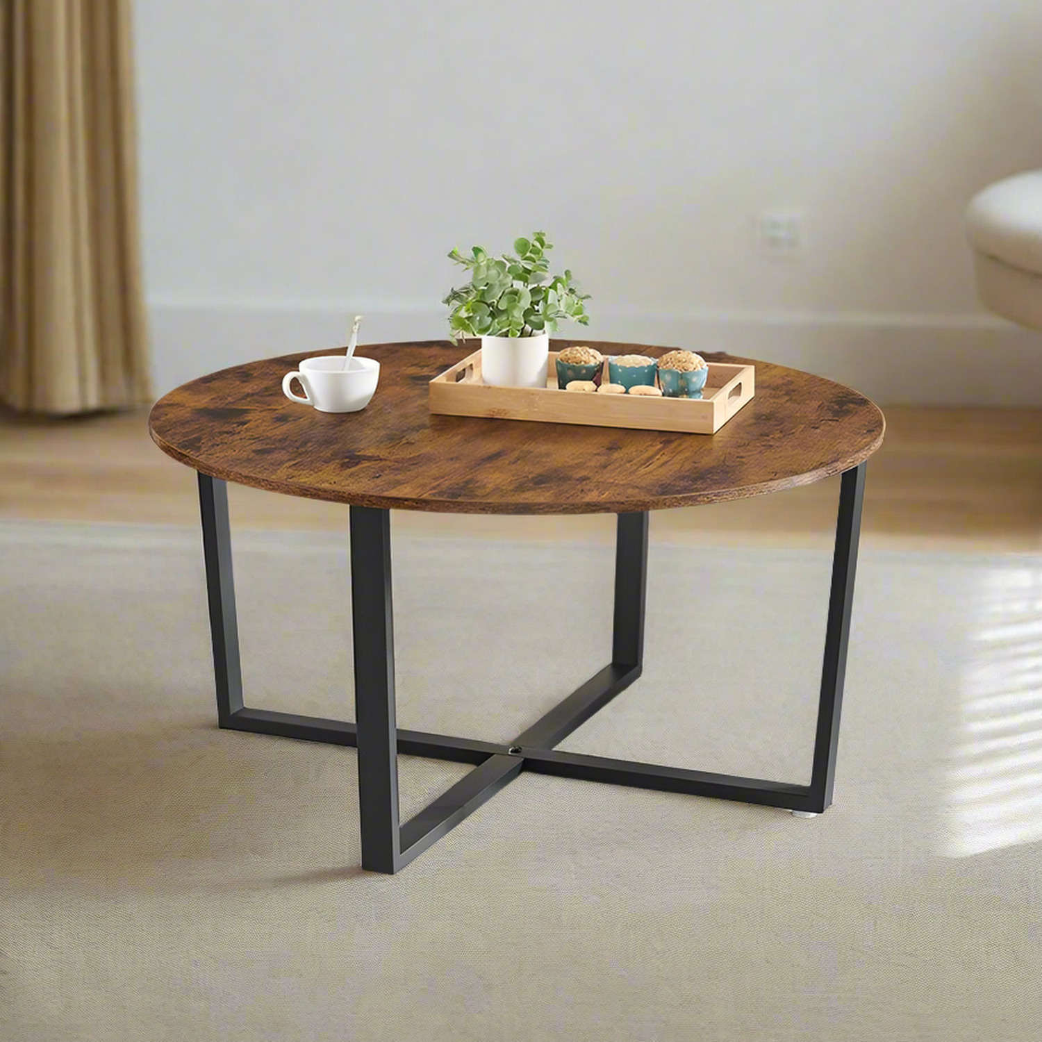 Round Industrial Coffee Table with Durable Metal Frame Easy Assembly Rustic