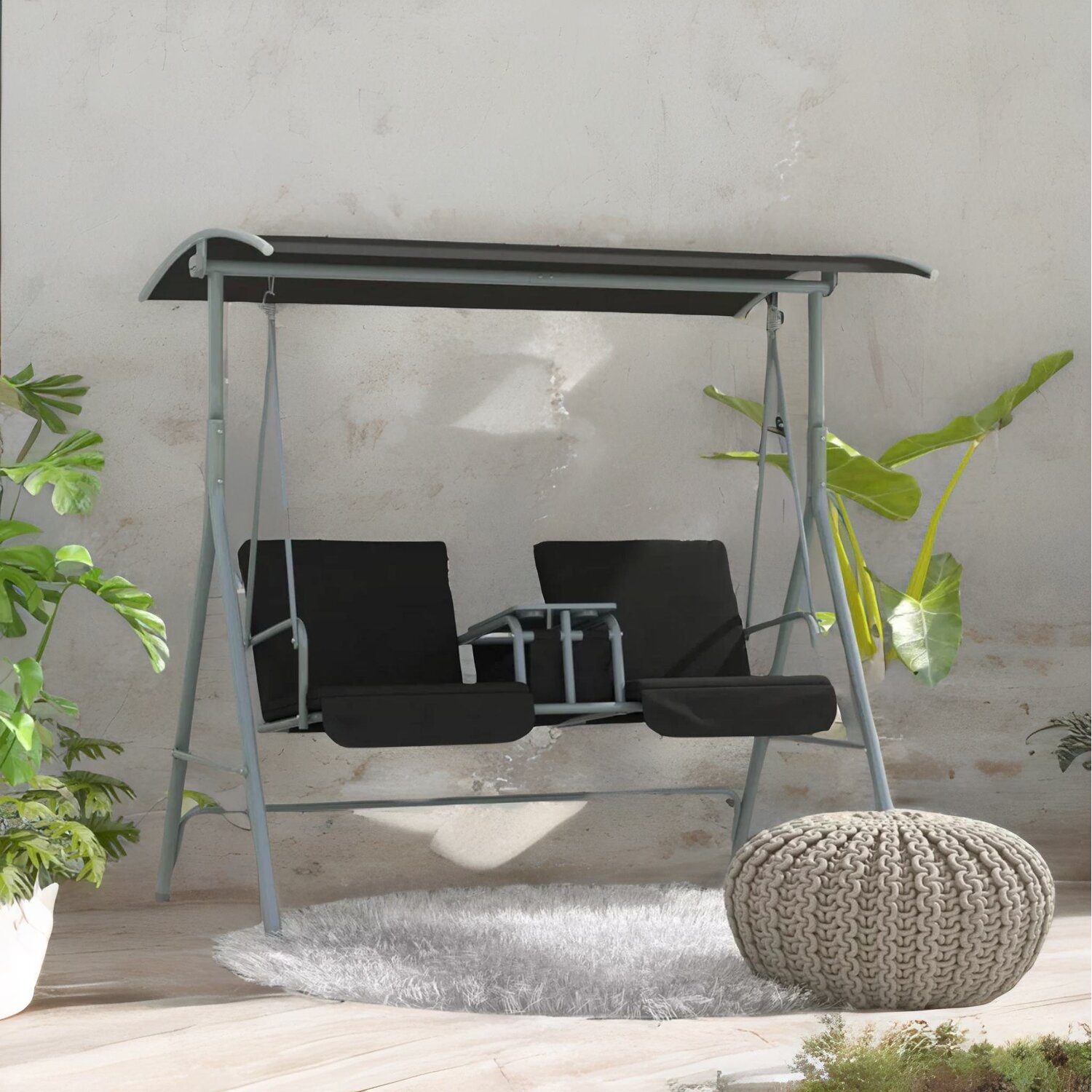 2 Seater Garden Swinging Chair With Pivot Table Storage