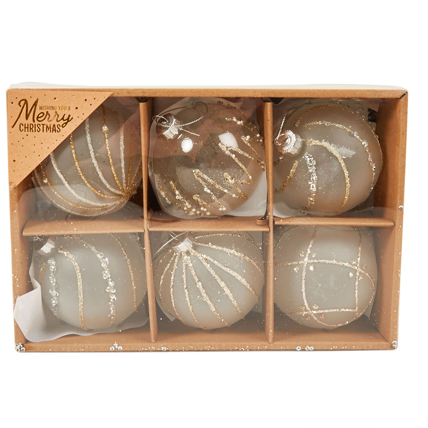 Set of 6 Frosted Gold Detailed Baubles