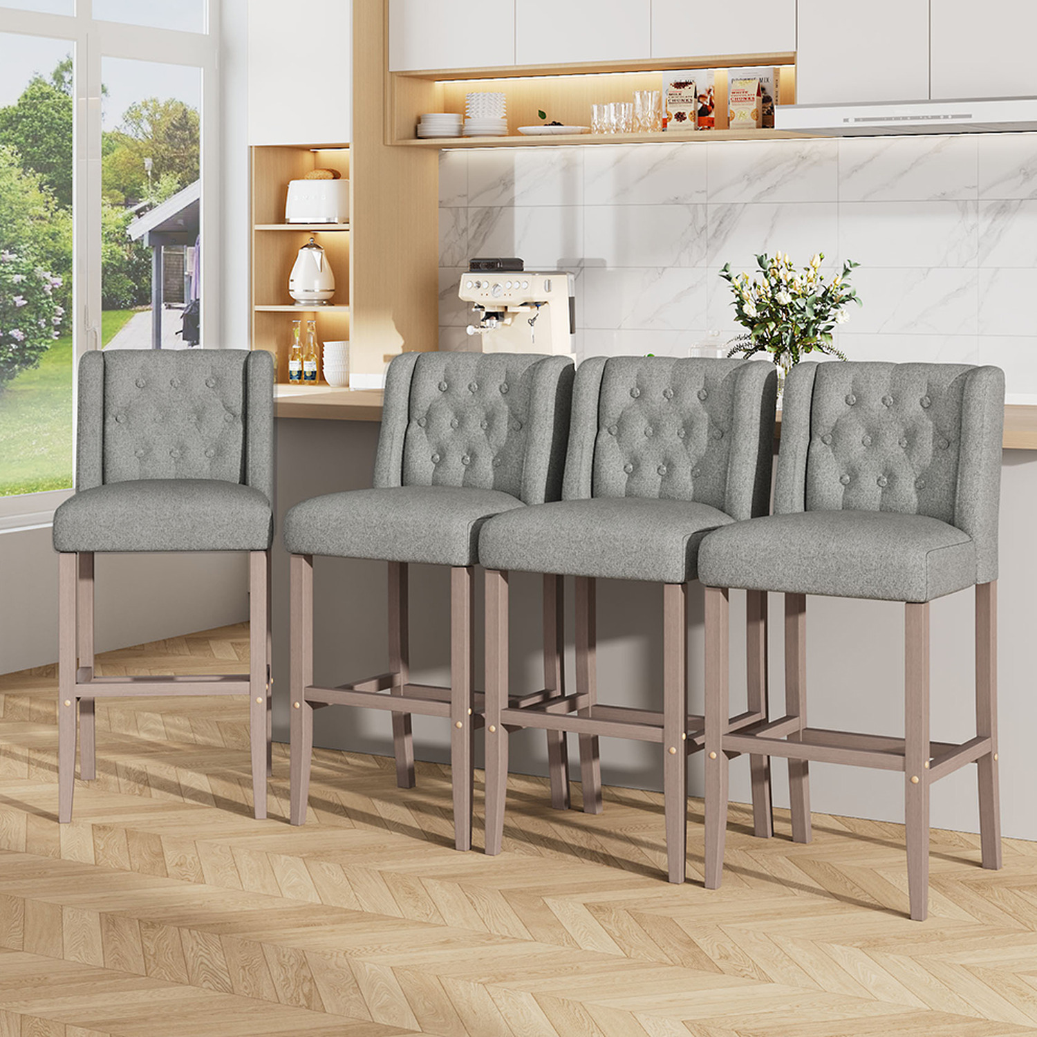 Set of 2 Linen Tufted Bar Stools