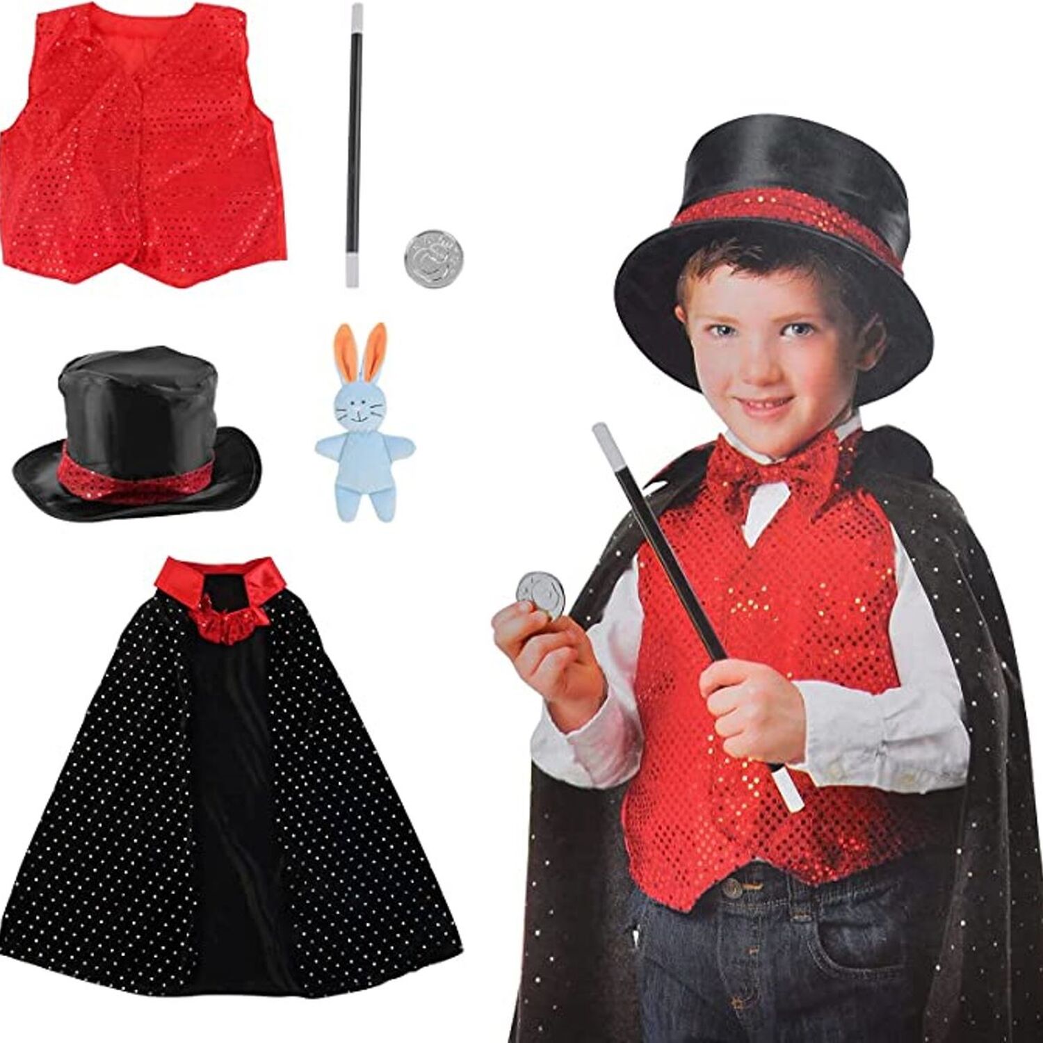 Role Play Magician Costume with Magic Hat and Wand
