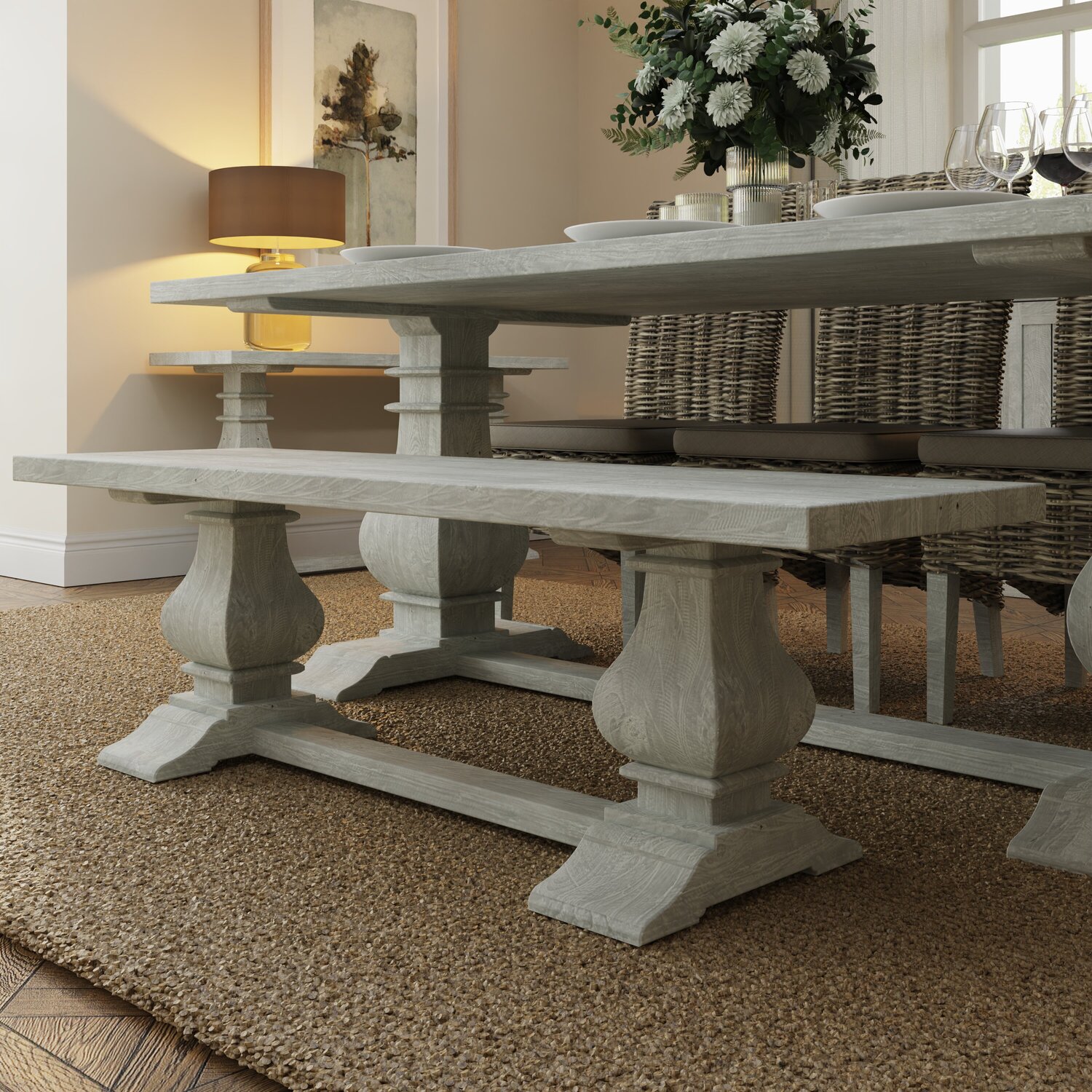 Solid Lime Washed Pine 1.5M Dining Bench