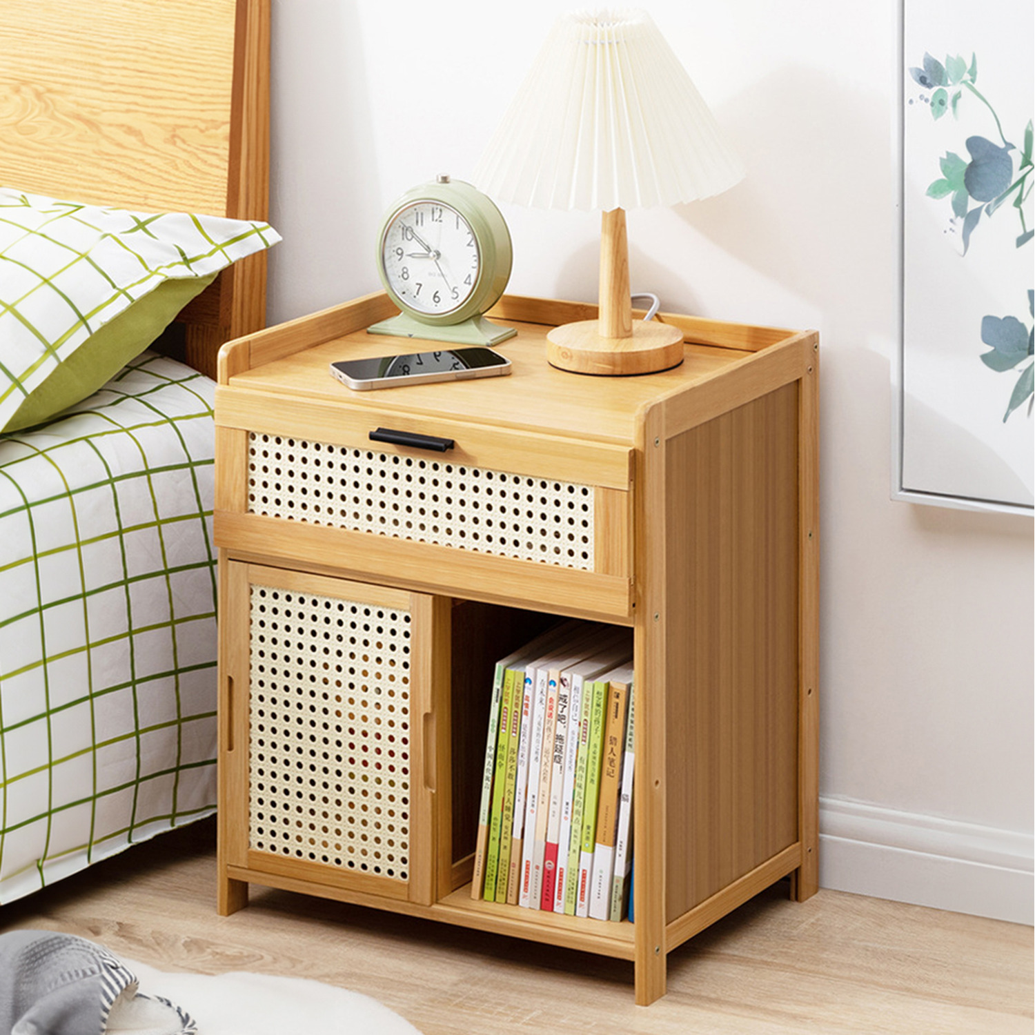 Wooden Bedside Cabinet with Sliding Doors and Double Compartments