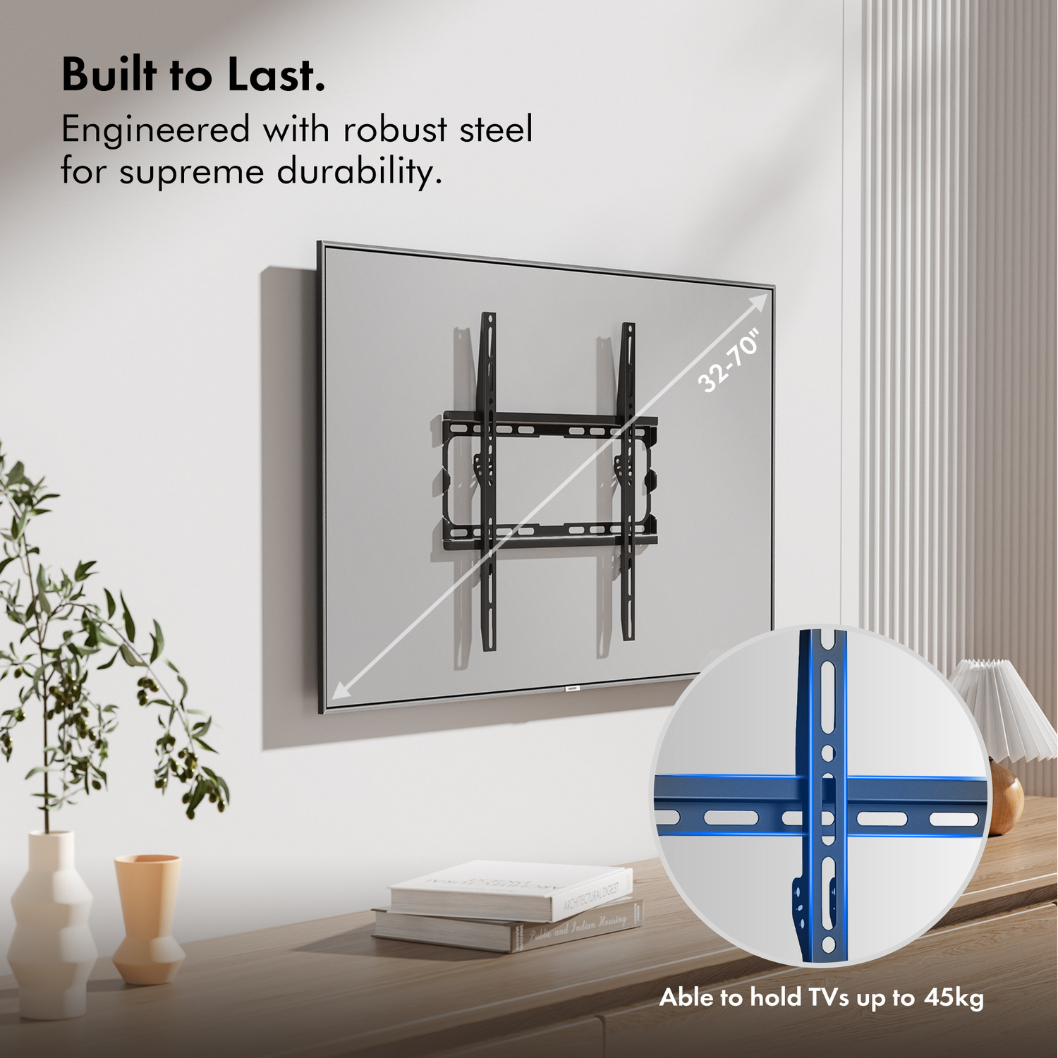 Flat to Wall TV Bracket with Spirit Level and Quick Release Straps