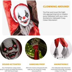 Animatronic Hanging Clown Halloween Decoration with Light up Eyes Sound FX
